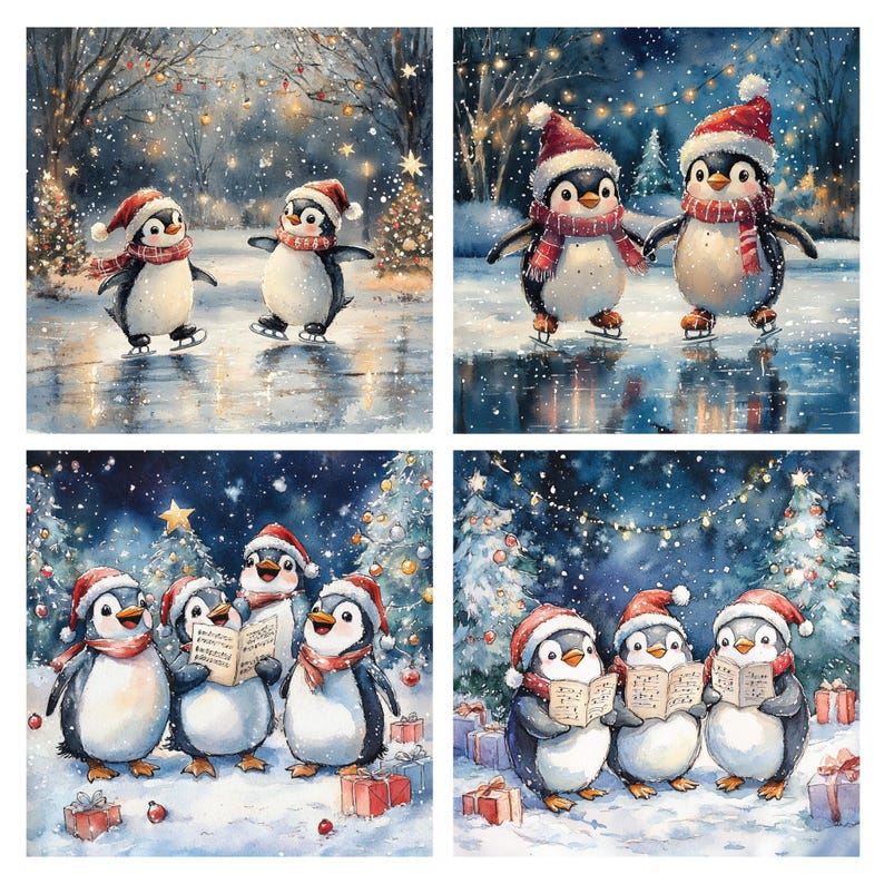 Christmas Penguin Watercolor Clipart: Holiday Digital Paper Pack (PNG ...
