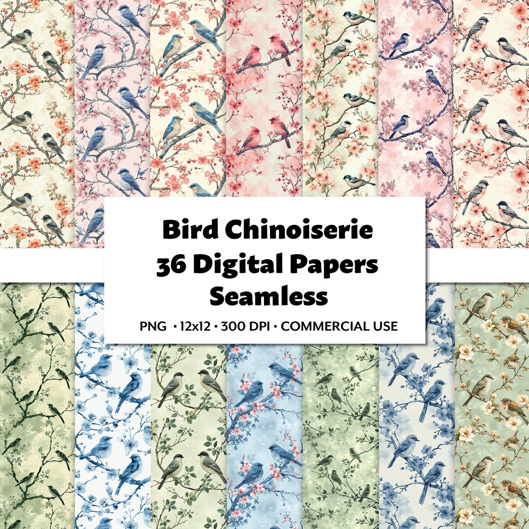 Bird Chinoiserie Digital Paper: Seamless Watercolor Patterns (PNG) - Etsy