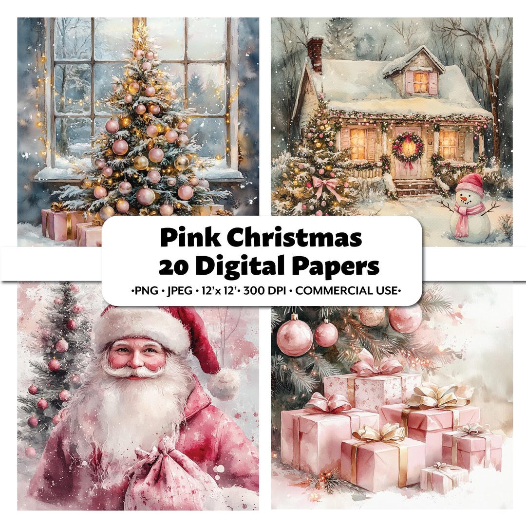 Pink Christmas Digital Papers, Watercolor Style Cute and Whimsical Xmas ...