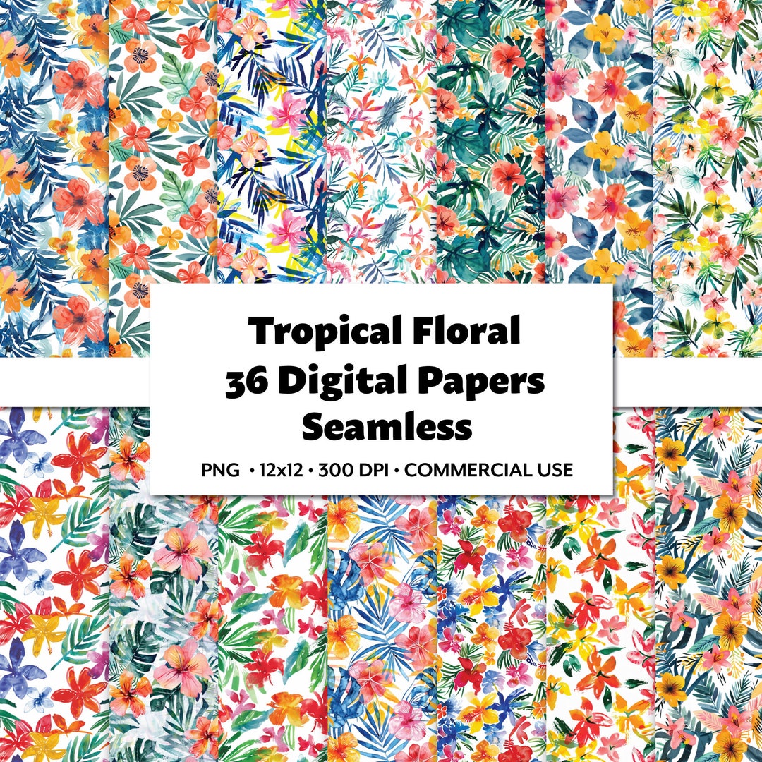 Tropical Floral Digital Paper, 36 PNG, Seamless Repeating Flower Patterns, Summery Watercolor ...