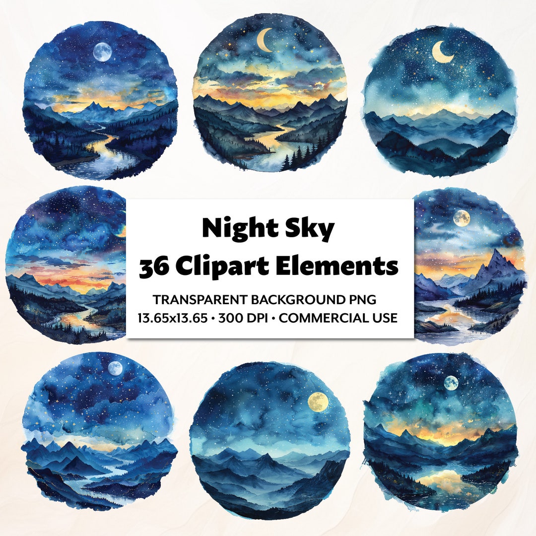 Night Sky Watercolor Clipart, 36 PNG Elements, Stars, Moon and ...