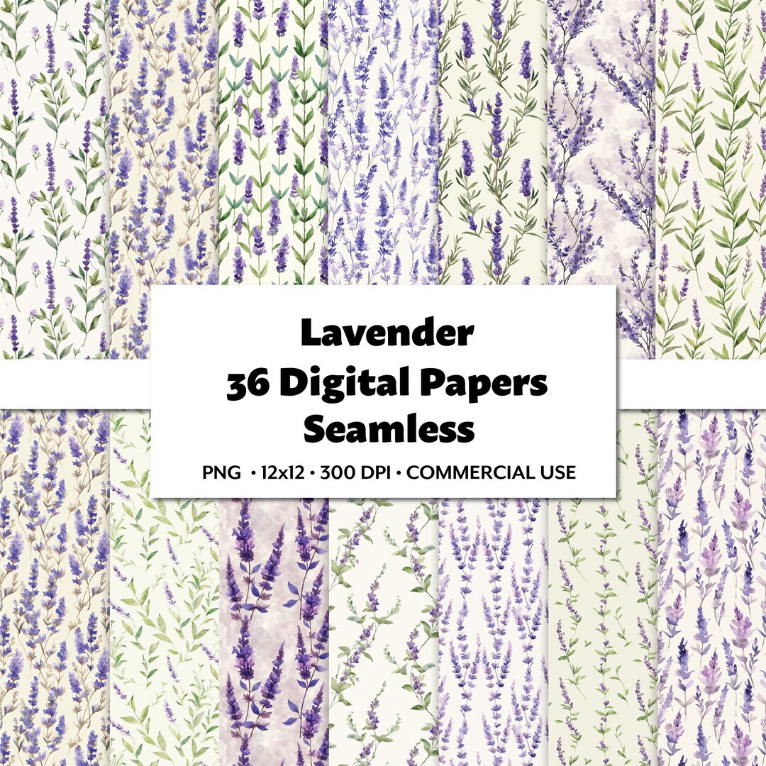Lavender Watercolor Digital Paper: Seamless Floral Patterns (PNG, 12x12 ...