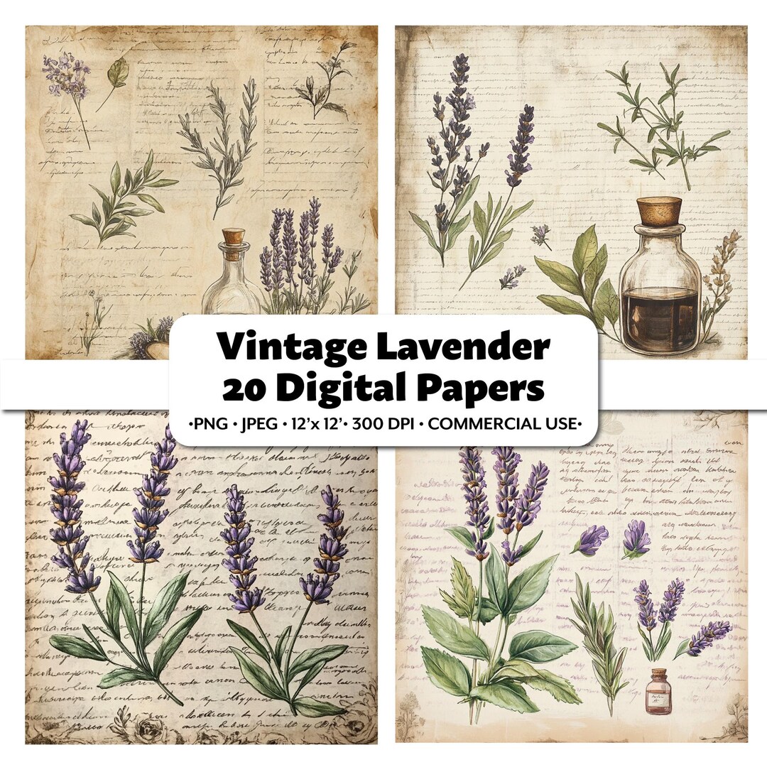 Vintage Lavender Digital Paper, 20 PNG + JPG, Watercolor Style Images ...
