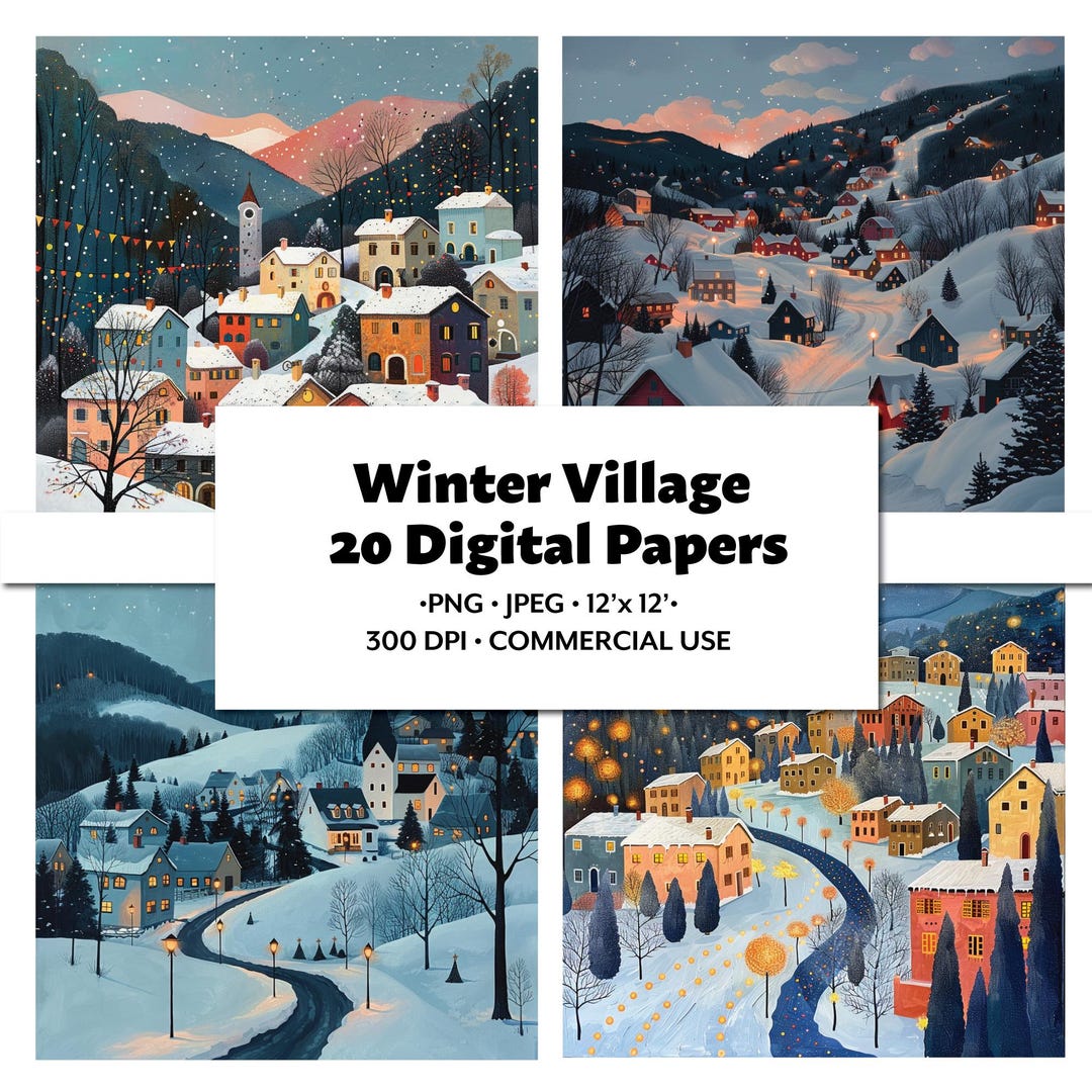 Winter Village Digital Paper Pack: Christmas Mountain Scenes (PNG, JPEG ...