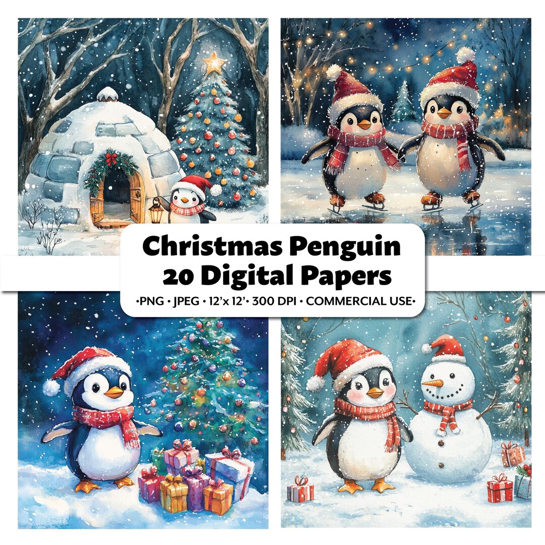 Christmas Penguin Watercolor Clipart: Holiday Digital Paper Pack (PNG ...