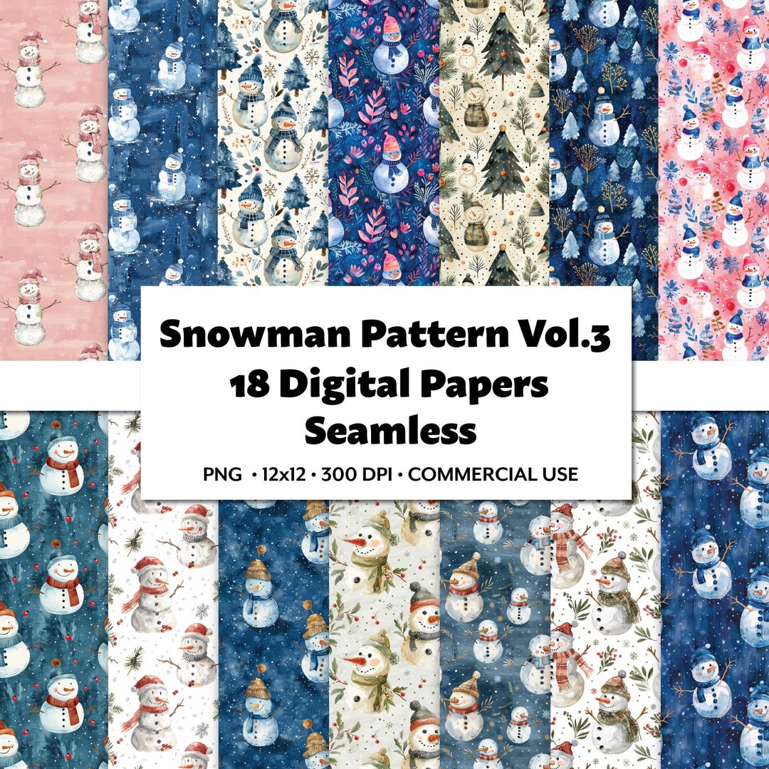 Snowman Digital Paper Vol. 3,18 PNG Seamless Patterns, Festive ...