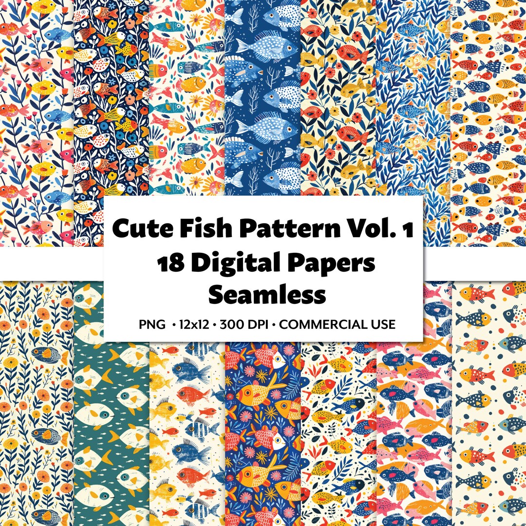 Cute Fish Digital Paper Vol.1, 18 Seamless Repeating Fish Patterns ...