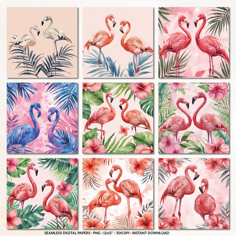 Pink Flamingo Digital Paper, 33 PNG, Seamless Repeating Tropical ...