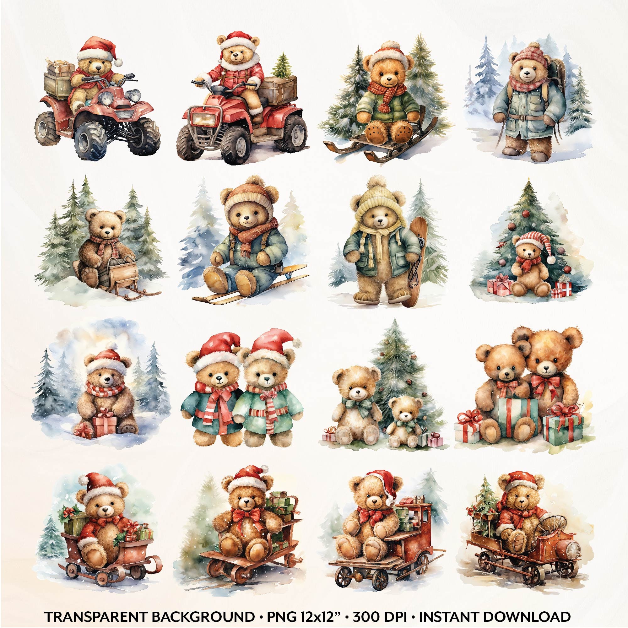 Christmas Teddy Bear, Clipart Pack, Cute Watercolor Clipart Bundle, 80 ...