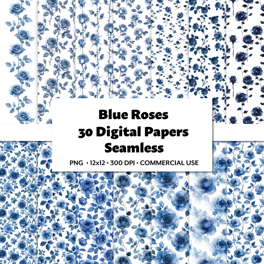 Blue Rose Digital Paper,30 PNG, Seamless Repeating Flower Patterns ...