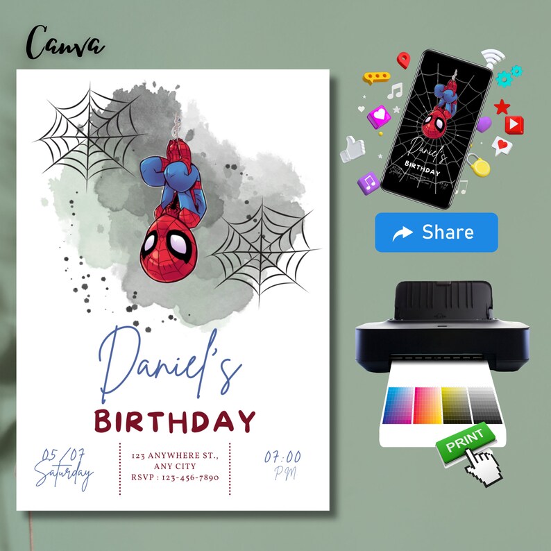 Spiderman Birthday Invitation, Editable Invitation, Printable Spiderman ...