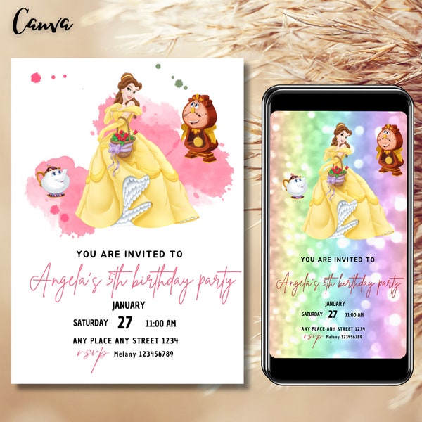 Princess Belle Video Birthday Invitation - Etsy