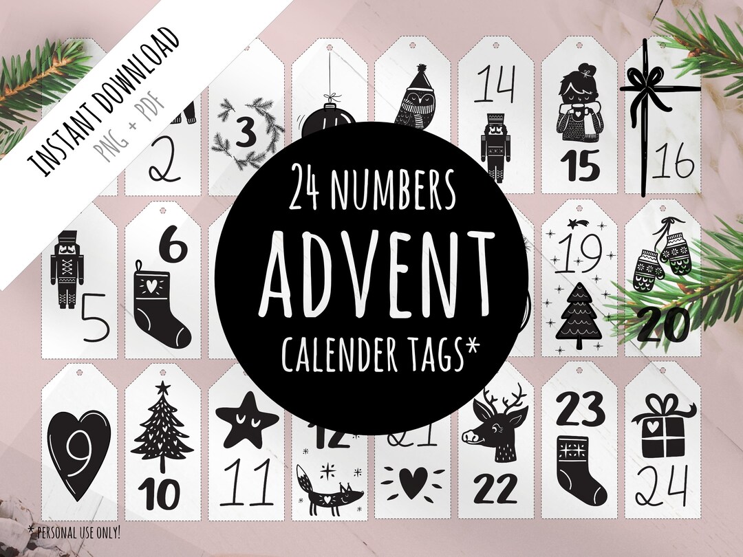 24 Printable Advent Calendar Tags "black + White" for Christmas, Labels ...