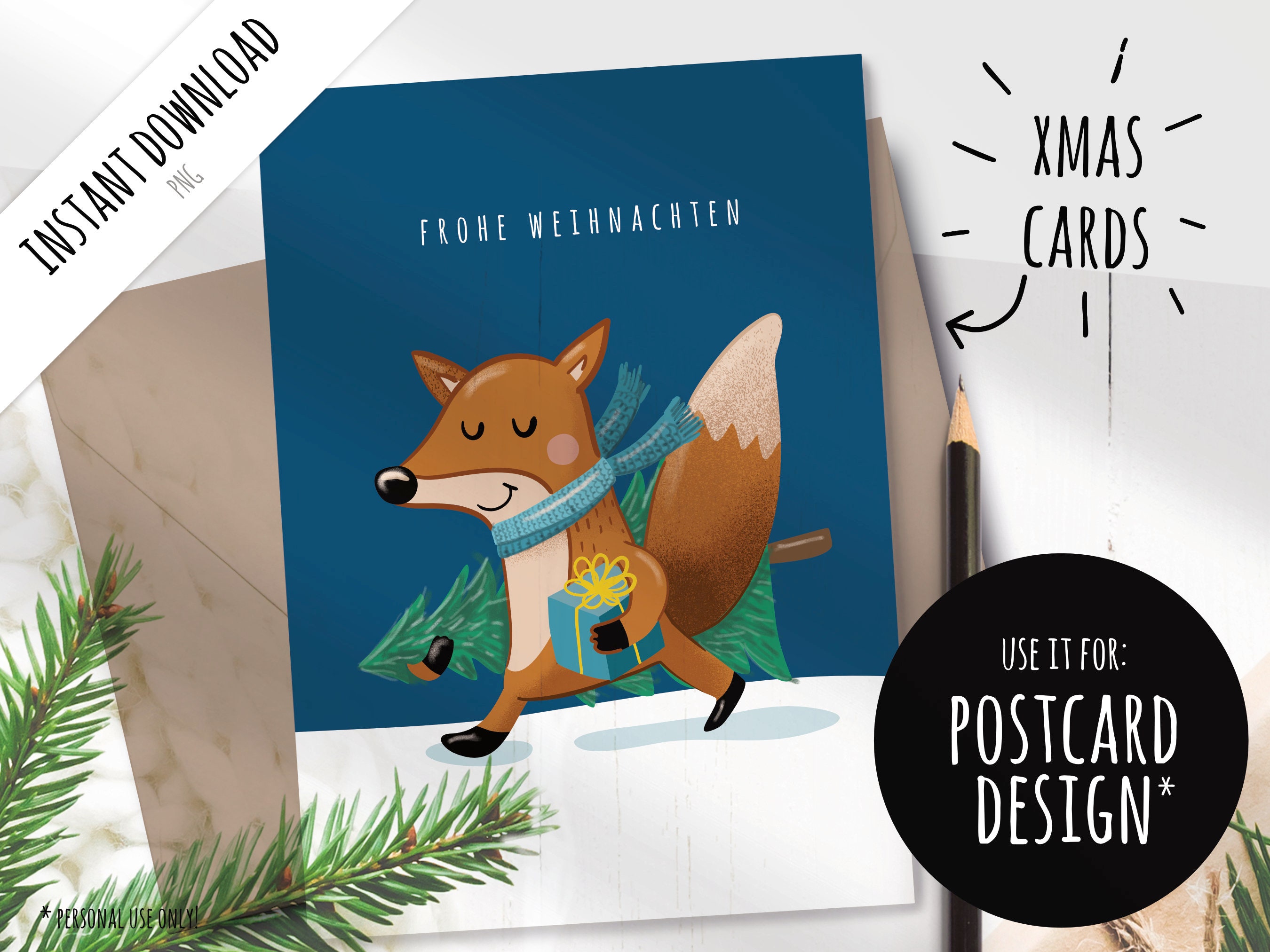 Cute Fox With Christmas Tree: Printable Template (PNG) for Christmas ...