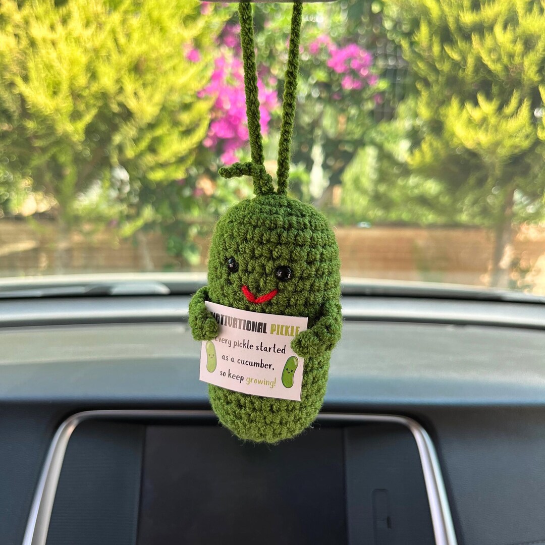 Handmade Crochet Pickle Car Charm Fun Rearview Mirror Hanger, Cute ...