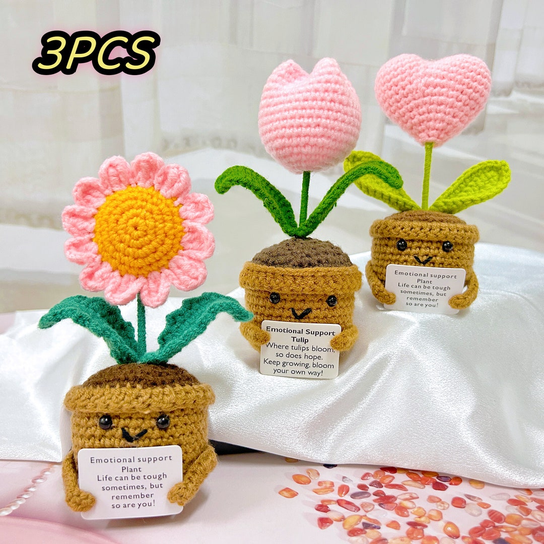 Handmade Crochet Daisies/pink Hearts/tulip Potted Plants,emotional Support,crochet Sunflowers ...