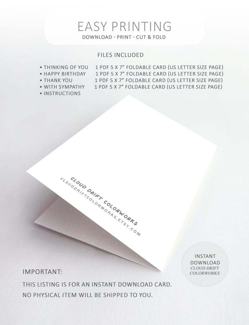 4 Printable Cards Set Thank You Card, Happy Birthday Card, Thinking of ...