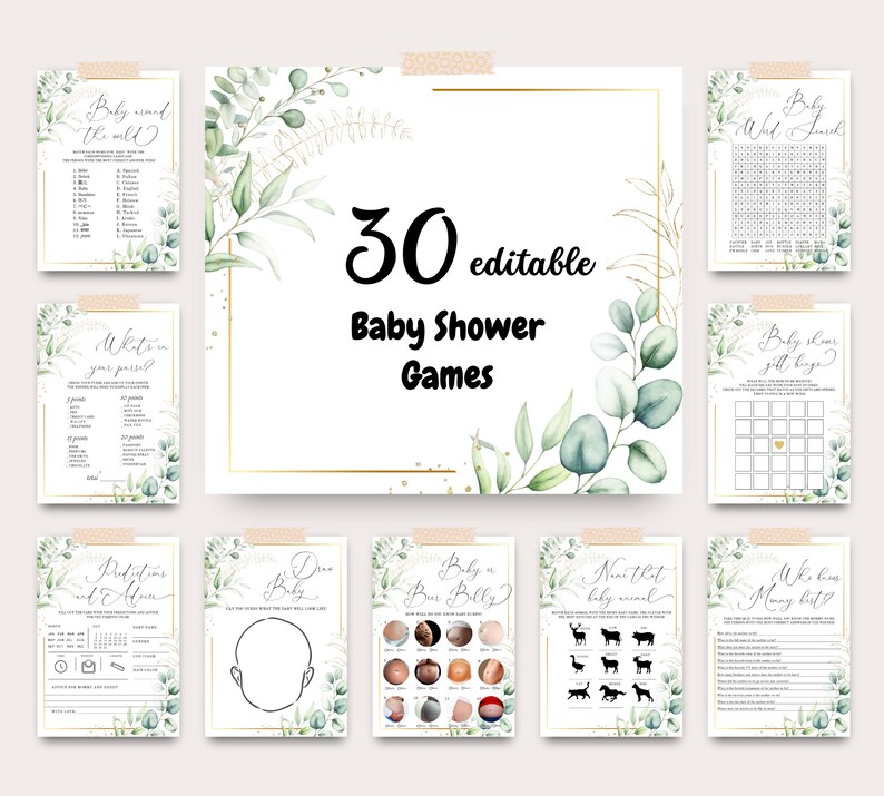 Editable Eucalyptus Baby Shower Games, 30 Fun Games Printable, Gender ...