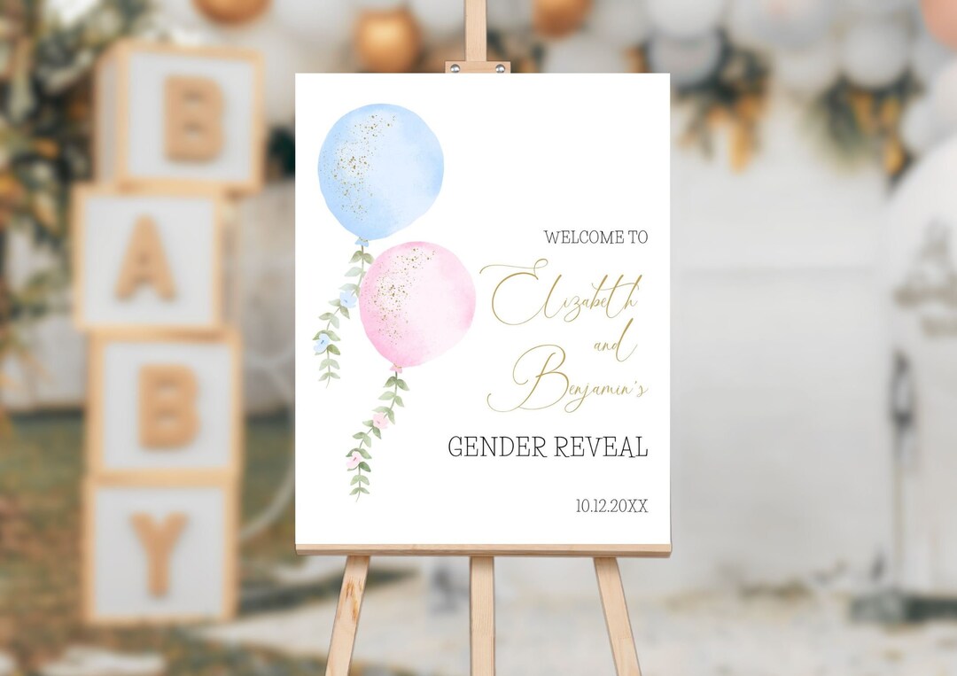 Editable Welcome Sign Gender Reveal Blue and Pink Balloons, Large Sign ...