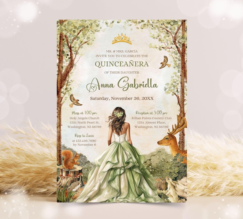 Editable Enchanted Forest Invitation Quinceanera, Sage Green Magical ...