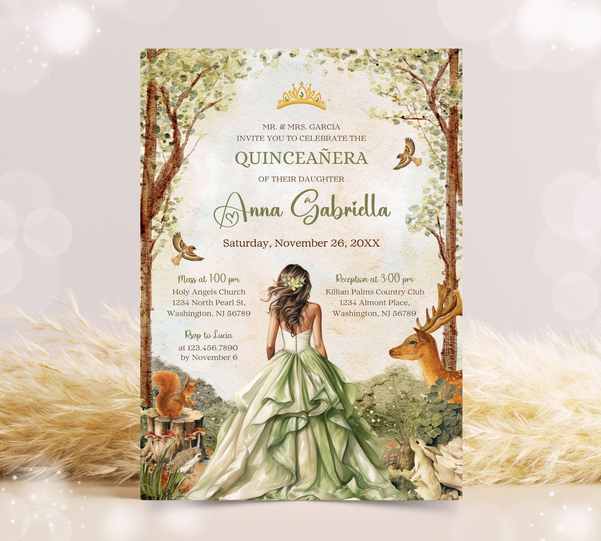 Editable Enchanted Forest Invitation Quinceanera, Sage Green Magical ...