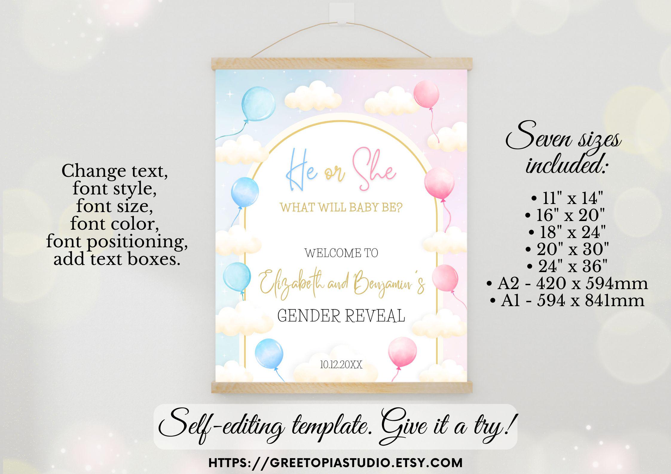 Editable Welcome Sign Blue and Pink Balloons Gender Reveal, Large Sign ...