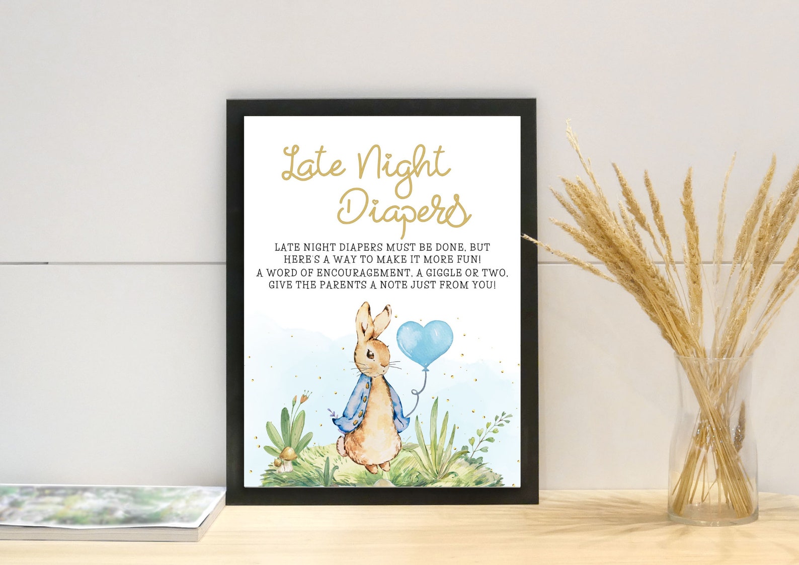 Late Night Diapers Sign Baby Shower Blue Peter Rabbit, Table Sign ...