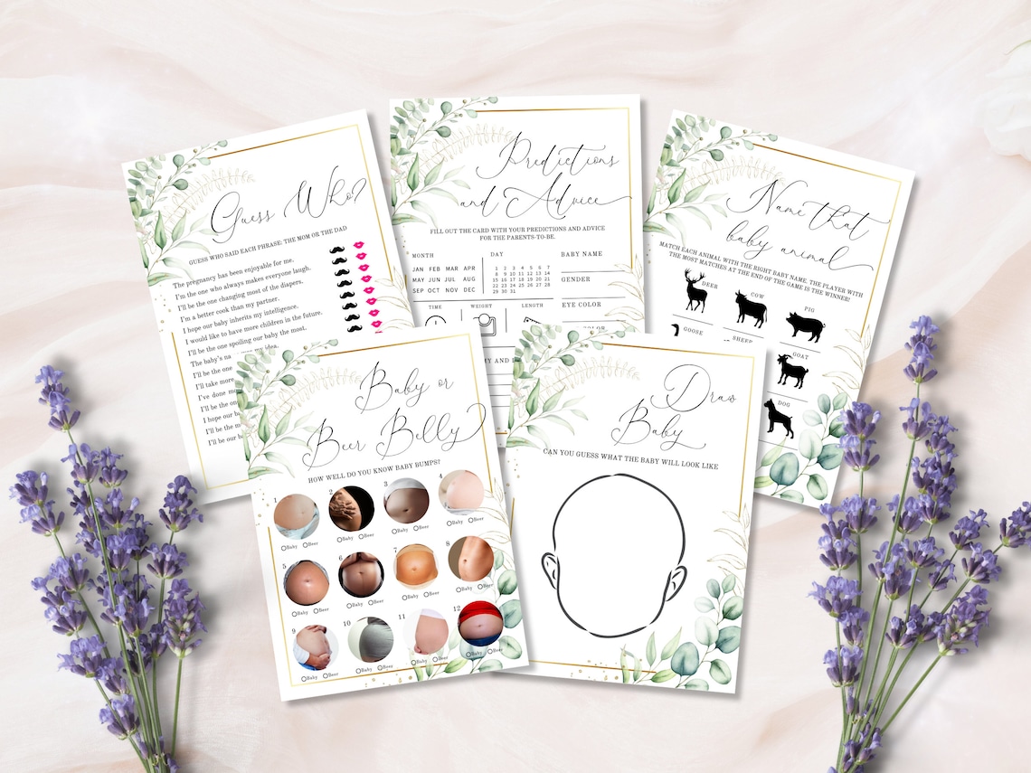 Editable Eucalyptus Baby Shower Games, 30 Fun Games Printable, Gender ...