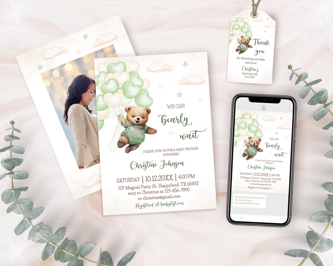 We Can Bearly Wait Baby Shower Digital Invitations, Teddy Bear With ...