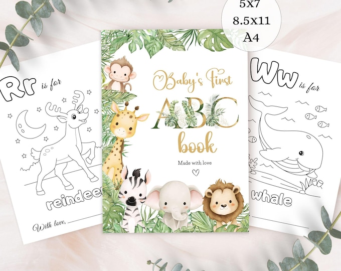 Editable ABC Coloring Book Safari Animals Baby Shower or Gender Reveal ...