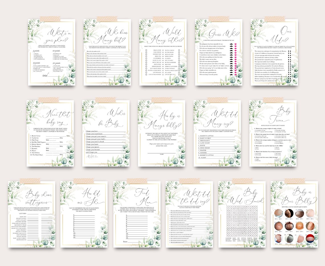 Editable Eucalyptus Baby Shower Games, 30 Fun Games Printable, Gender ...