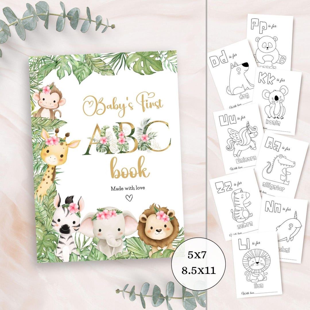 Baby Shower Girl Safari Animals ABC Book, Coloring Page, Printable ABC ...