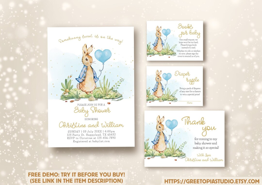 Invitation Bundle Blue Peter Rabbit Baby Shower Boy, Editable ...