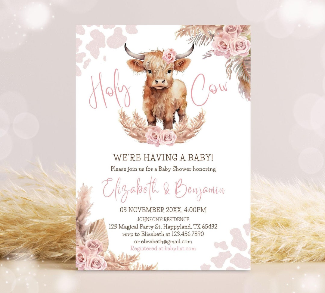 Highland Cow Editable Invitation Girl Baby Shower, Holy Cow We're ...