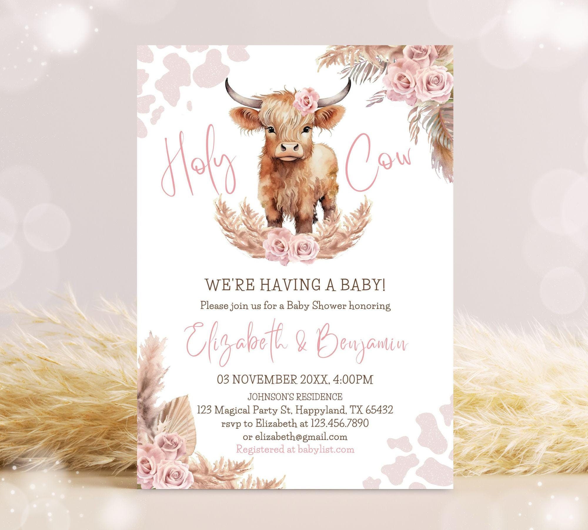 Highland Cow Editable Invitation Girl Baby Shower, Holy Cow We're ...