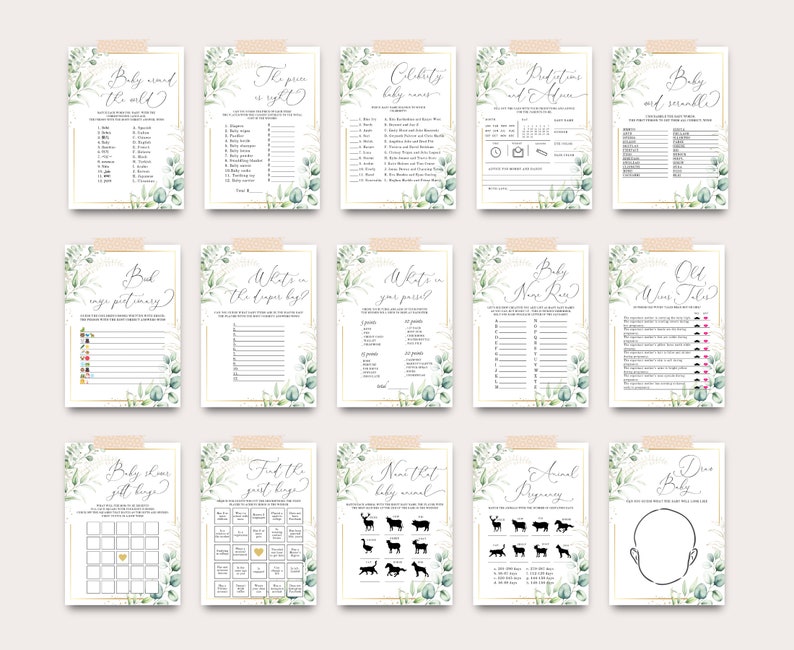 Editable Eucalyptus Baby Shower Games, 30 Fun Games Printable, Gender ...