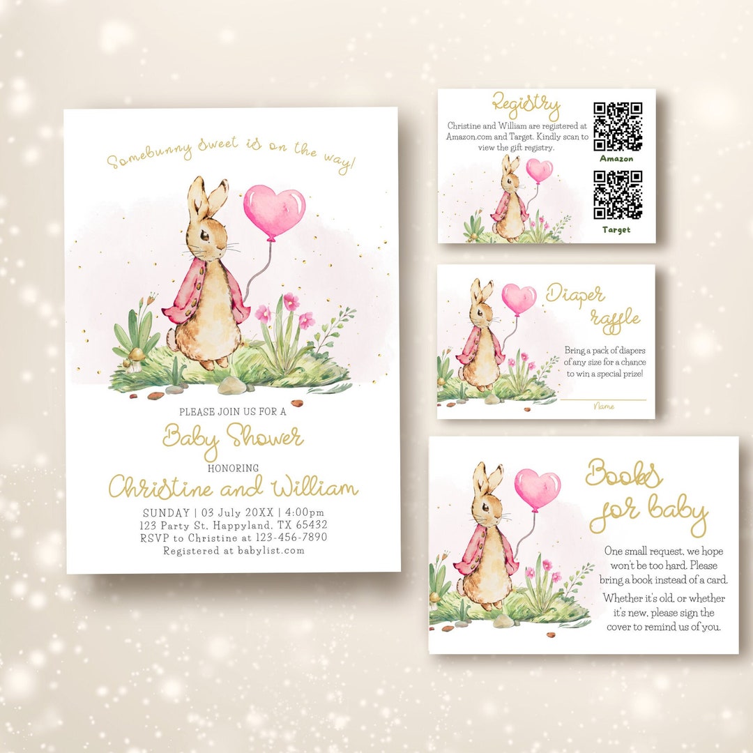 Baby Shower Bundle Pink Flopsy Rabbit, Editable Invitation Templates ...