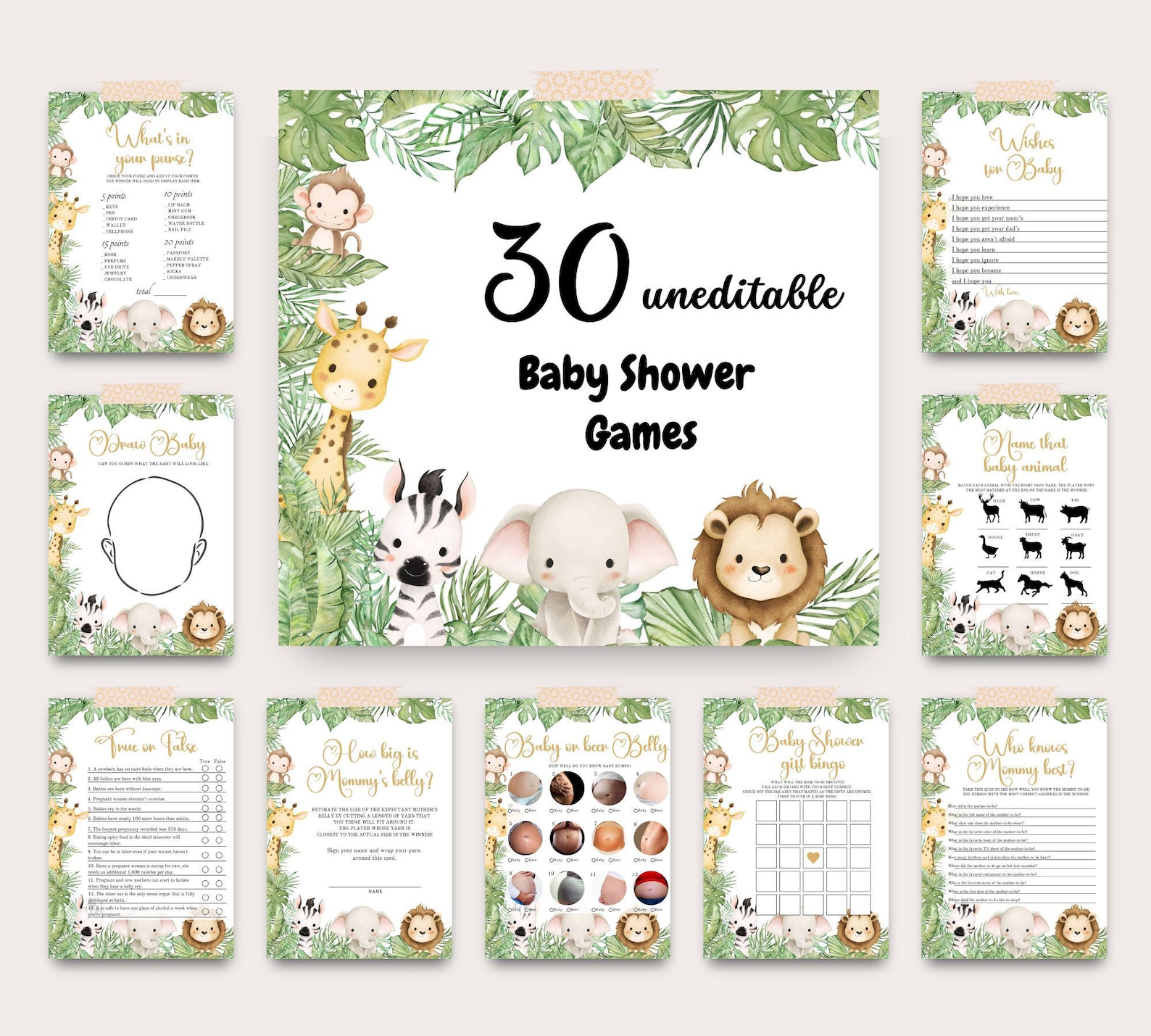 Uneditable Safari Animals Baby Shower Game Bundle, 30 Funny Games ...