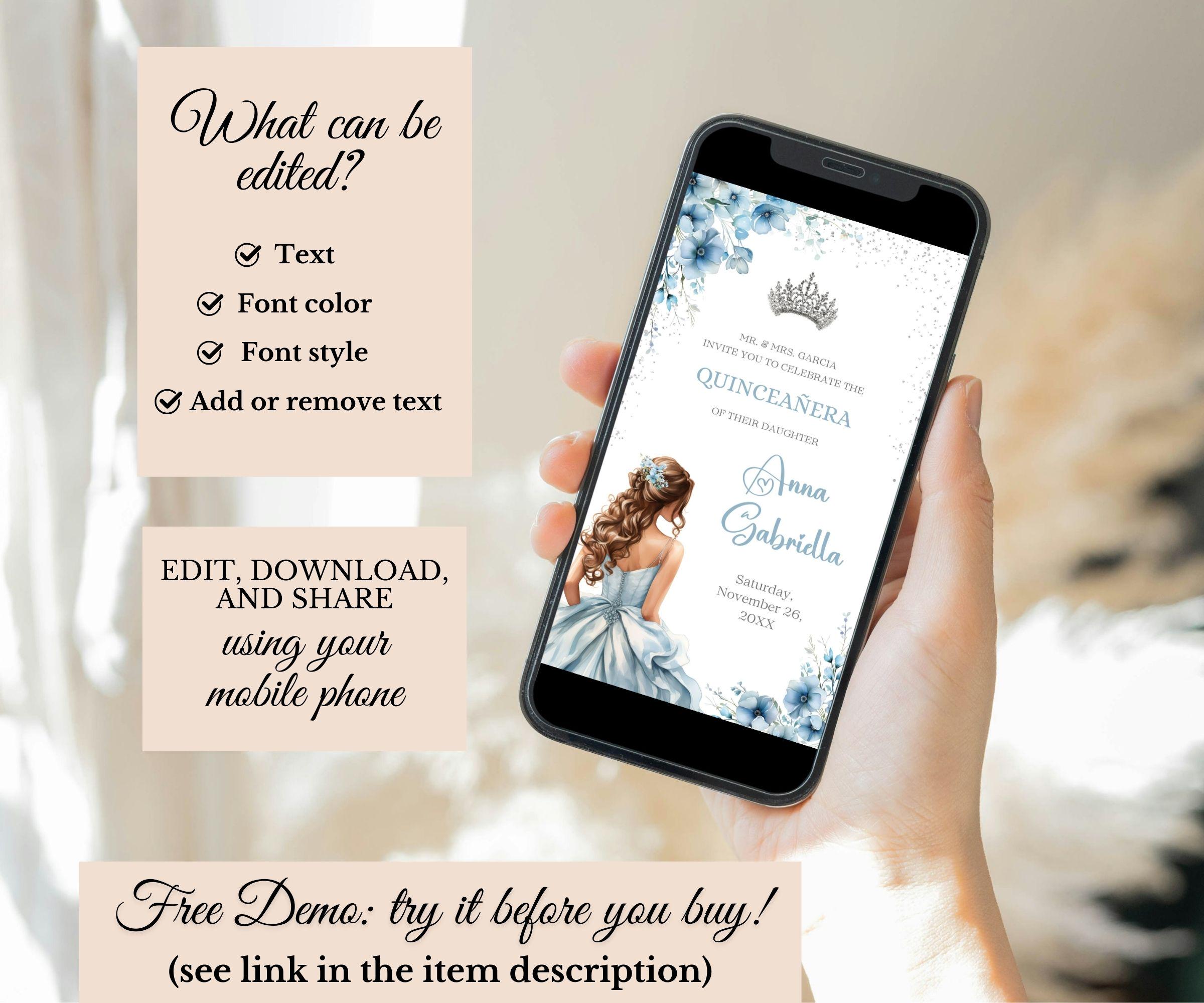 Editable Quinceañera Invitation, Mis Quince Años, Phone Mobile Evite ...