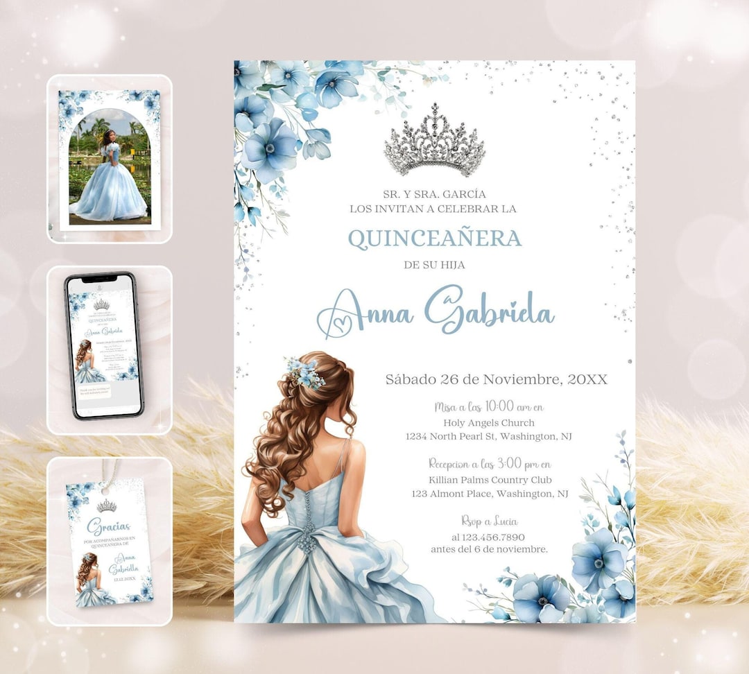 Editable Quinceañera Invitation Spanish Template, Light Blue Floral ...