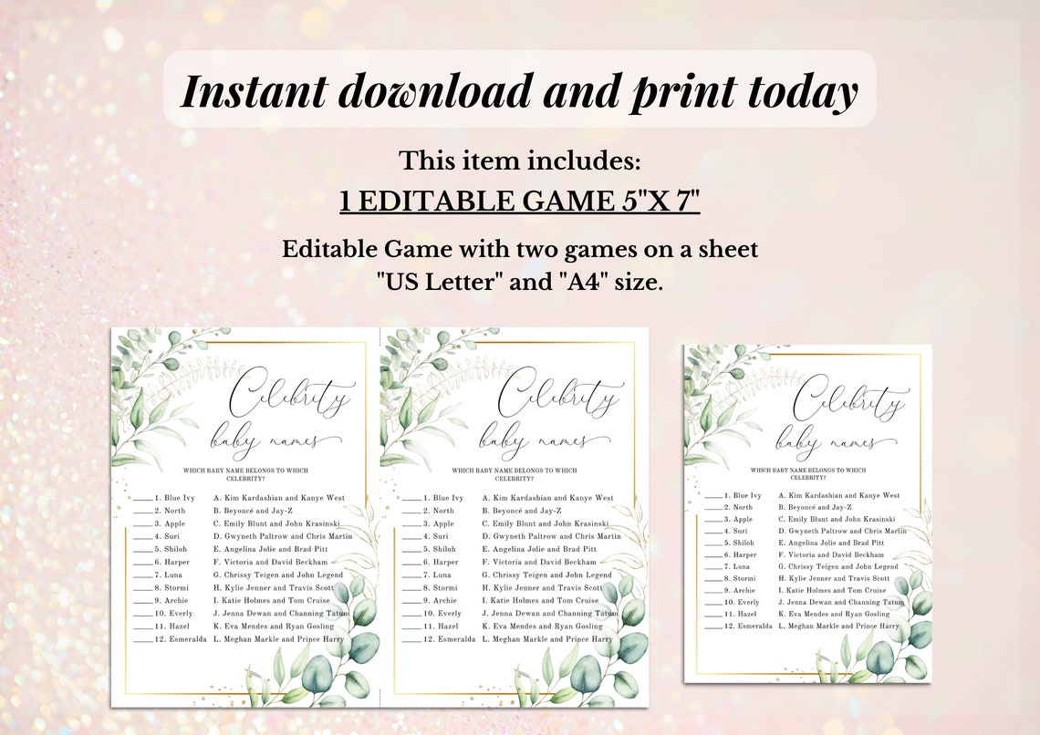 Guess Celebrity Baby Names Baby Shower Game Greenery, Fun Game ...
