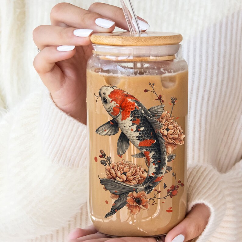 Sipper Glass With Bamboo Lid and Straw. Koi Fish Motif. Great for Any ...