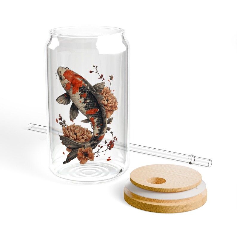 Sipper Glass With Bamboo Lid and Straw. Koi Fish Motif. Great for Any ...