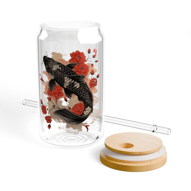 Sipper Glass With Bamboo Lid and Straw. Koi Fish Motif. Great for Any ...