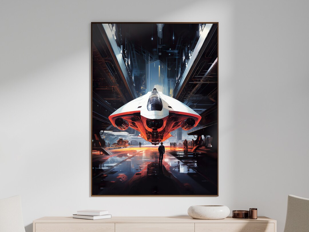 Retrofuture Sci-fi Decor Spaceship in a Hangar Concept Wall Art ...