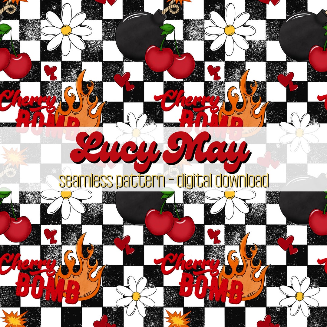 Cherry Bomb Seamless Pattern, Checker Print, Cherries, Flames, Edgy ...