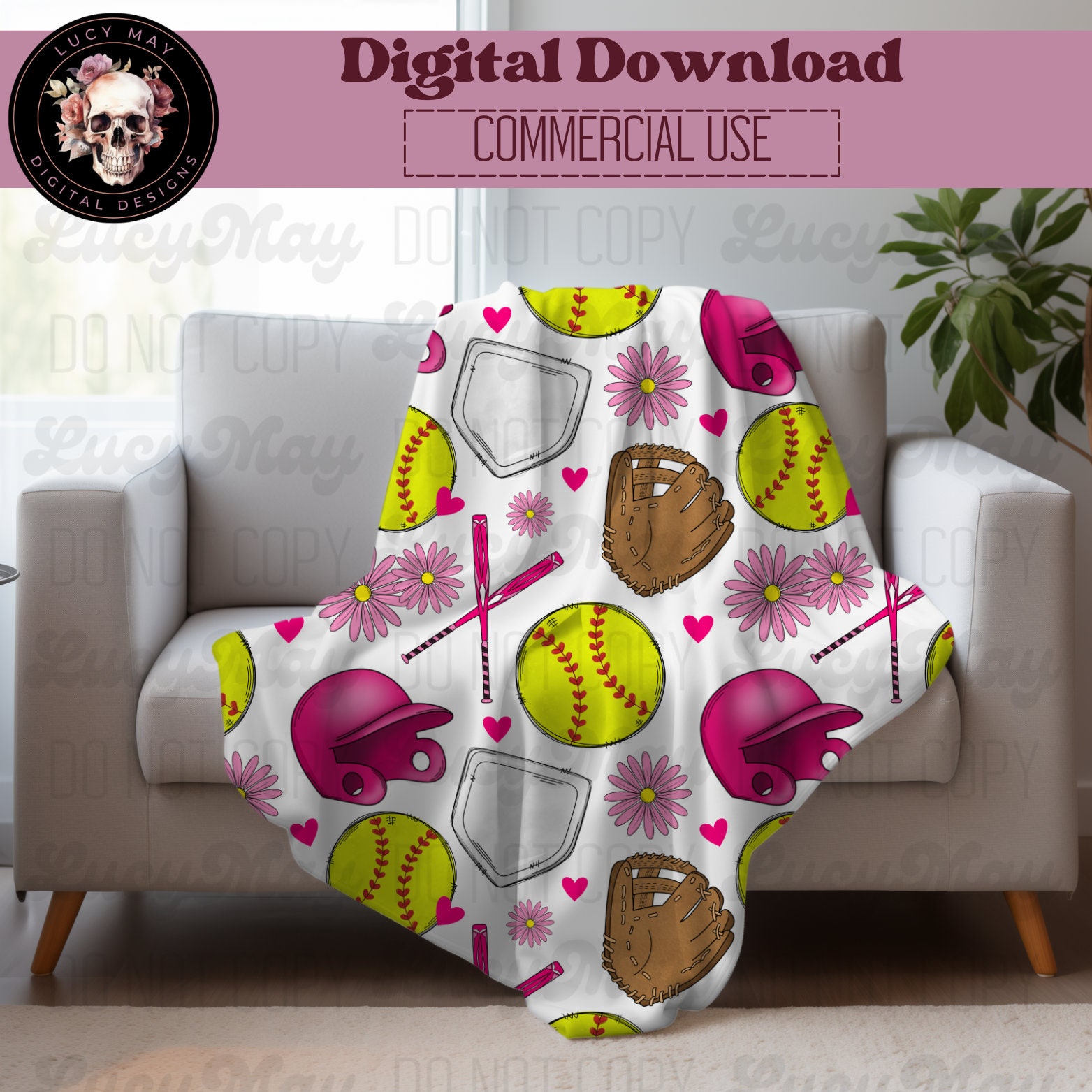 Softball Seamless Pattern for Custom Fabric, Seamless Sports Design ...