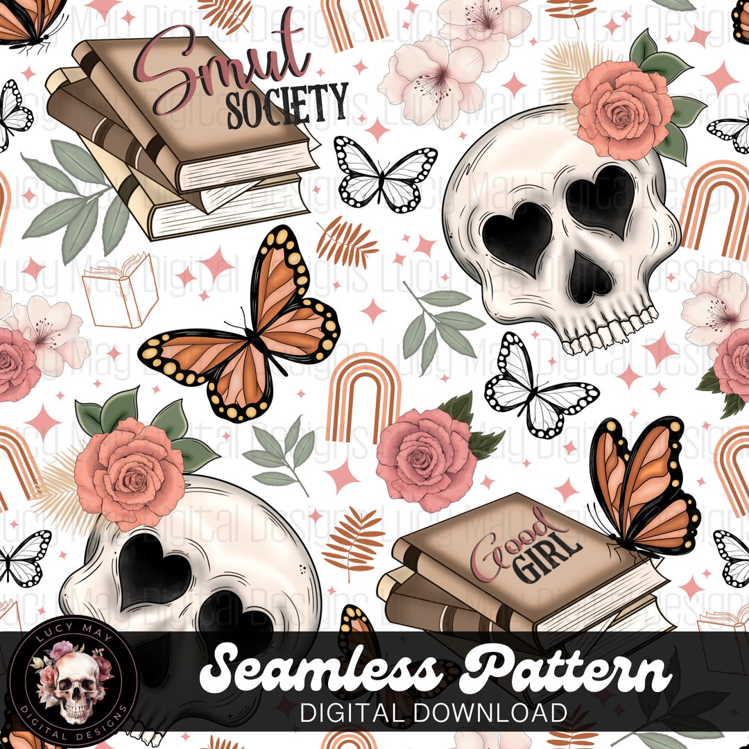 Smut Society Seamless Pattern - White | Book Pattern, Boho Floral Skull ...