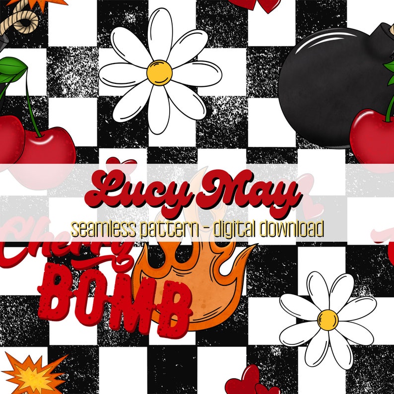 Cherry Bomb Seamless Pattern, Checker Print, Cherries, Flames, Edgy ...