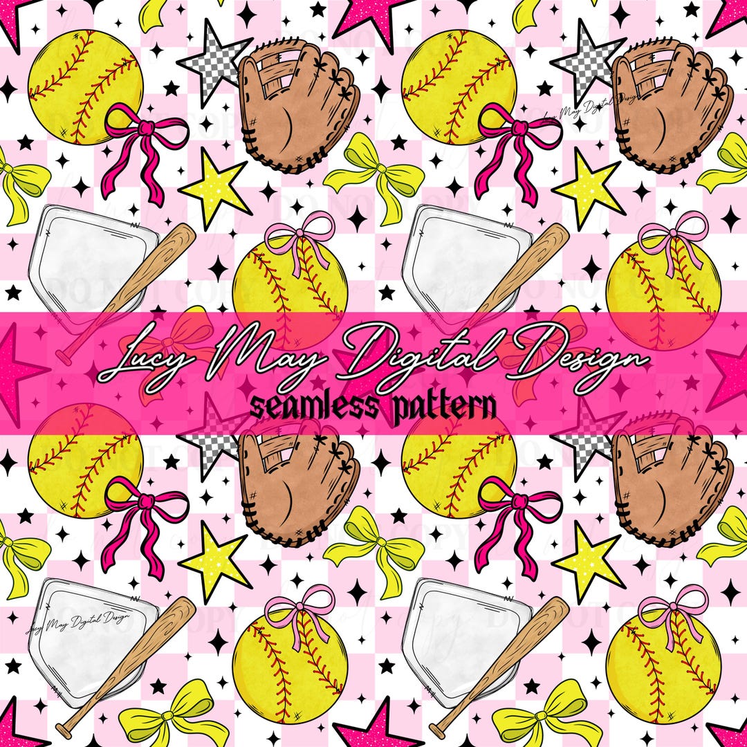 Girly Checker Baseball Softball Pattern: Bows, Pink and Yellow (PNG ...